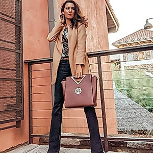 Women Handbag Cut Out Triangle Top Handle Bag Large Fashion Tote Satchel Work Purse (7464 Burgundy + Matching Wallet)