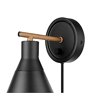 Globe Electric 51725 1-Light Dimmable Plug-in or Hardwire Wall Sconce, Matte Black, Faux Walnut Accent, Stepless Dimming Rotary Switch on Canopy, Black Fabric Cord, Wall Lights for Bedroom Plug in