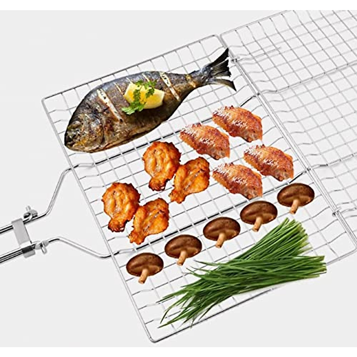 Fish Grill Basket,Olighan Foldable Grilling Basket with Removable Handle,Stainless Steel Large Folding BBQ Rack,Portable Camping Grilling baskets for Vegetables,Steak,Fish,Shrimpand at Home or Outdoor