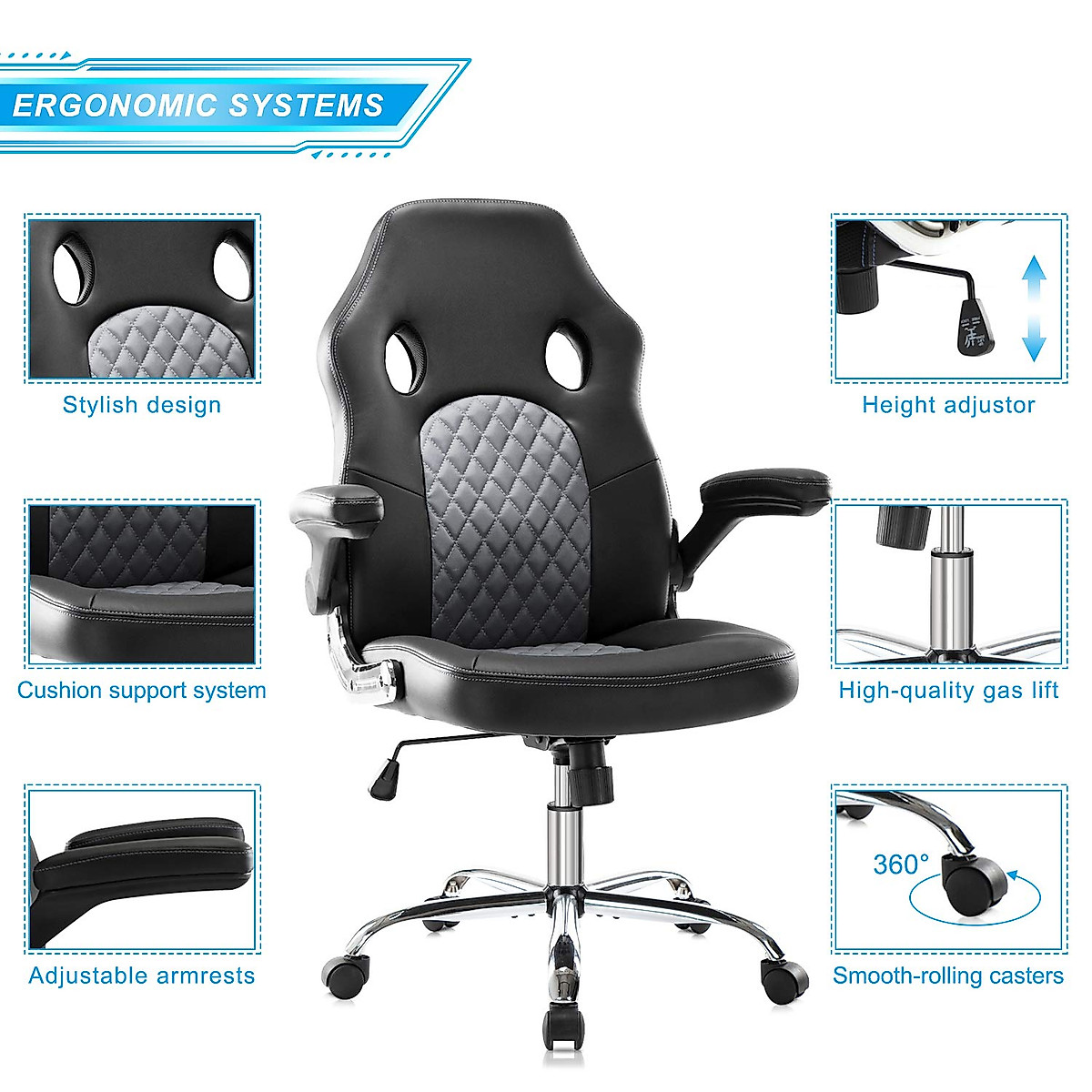 SMUG Gaming Ergonomic Office PU Leather Computer High Back Desk Swivel Task Chair with Lumbar Support/Adjustable Armrests, Grey