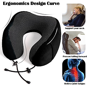 Travel Pillow 100% Pure Memory Foam Neck Pillow, Breathable & Machine Washable Cover, Neck Support Pillow with 3D Contoured Eye Mask, Earplugs & Portable Bag for Airplane Travel (Black)