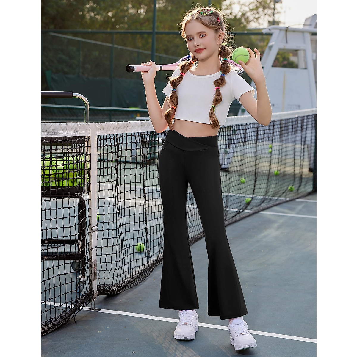 Zaclotre Girls Flare Leggings High Waisted V Crossover Casual Yoga Bell Bottoms with Pockets Pants for Kid Black