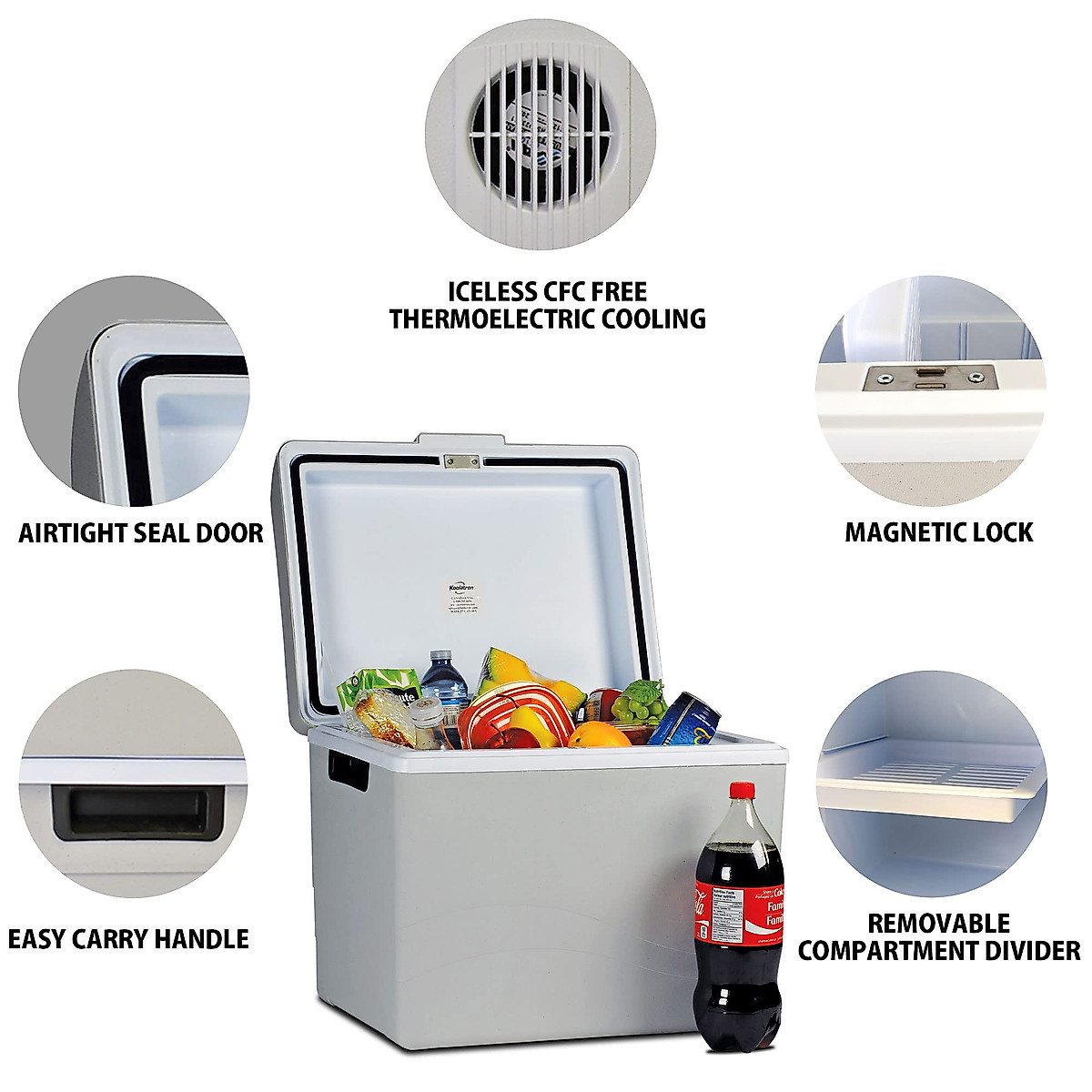 Koolatron Electric Portable Cooler Plug in 12V Car Cooler/Warmer 45 qt (42 L),No Ice Thermo Electric portable Fridge for camping, Travel Road Trips Trucking with 12 Volt DC Power Cord, Gray/White.