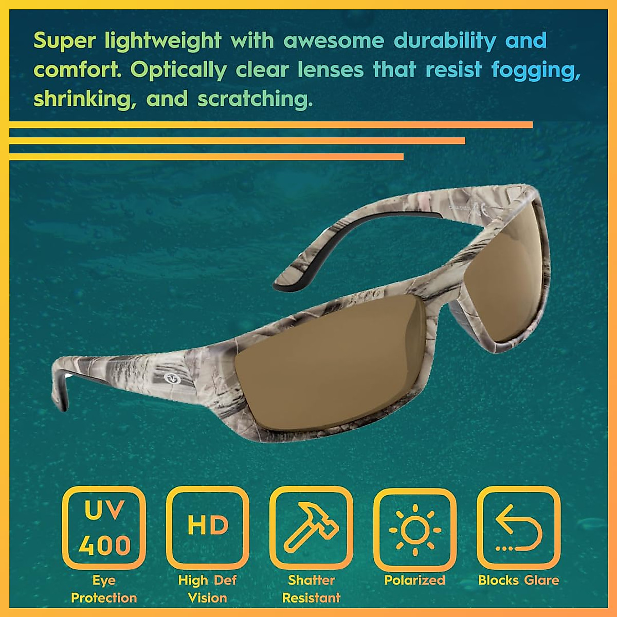 Flying Fisherman Polarized Sunglasses with 100% UVA & UVB Protection for Fishing, Biking, Golf, Hiking, Beach, Driving – BUCHANAN, Camouflage Frames with Amber Tinted Lenses (7719CA)