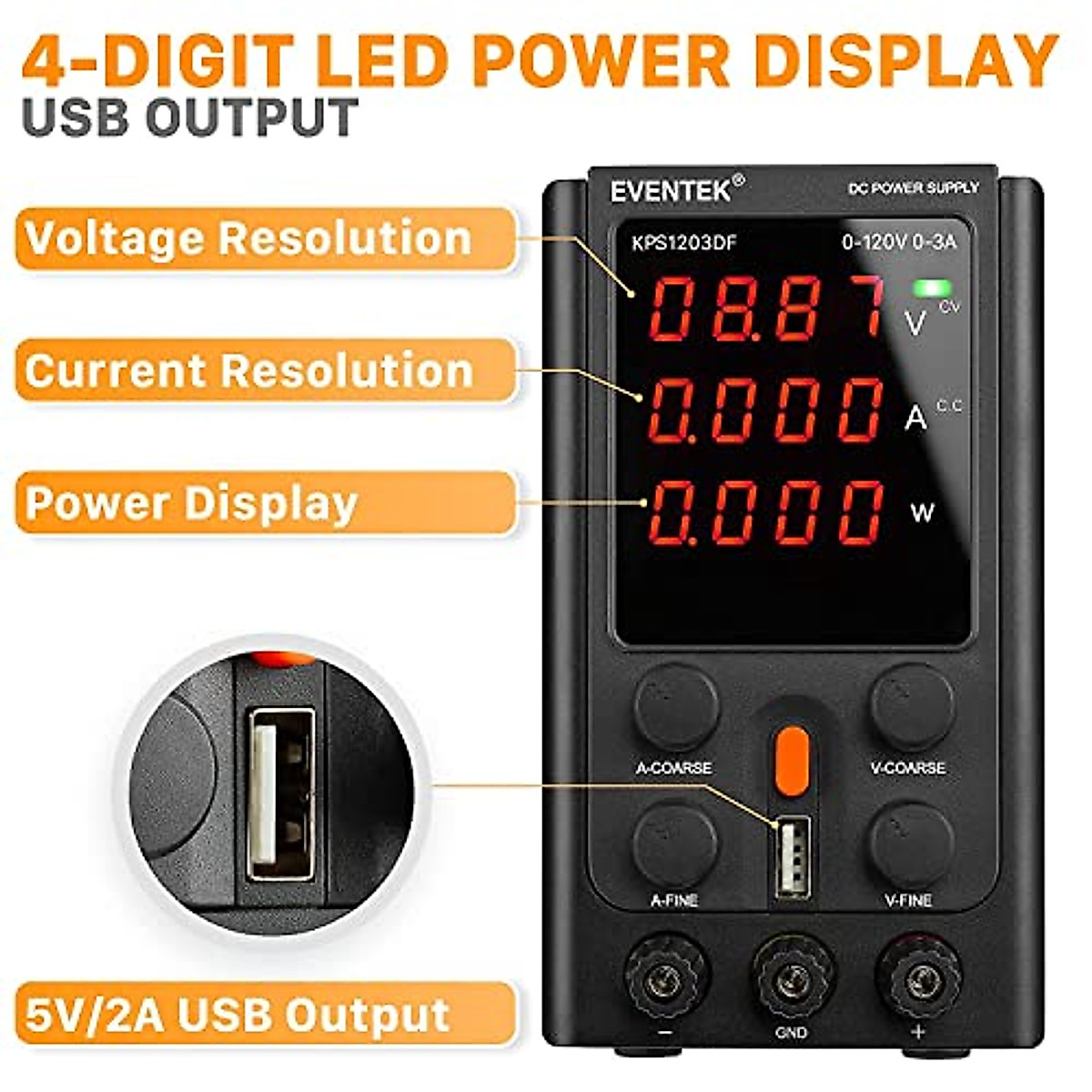 Eventek DC Power Supply Variable, 120V 3A Adjustable Switching Regulated DC Bench Linear Power Supply with 4-Digits LED Power Display 5V2A USB Output, Alligator Leads US Power Cord for Laboratory
