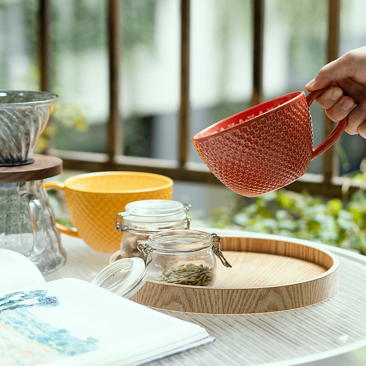 DOWAN Coffee Mugs Set of 4, 21 oz Large Coffee Mugs with Handle, Soup Mugs with Exquisite Relief Craftsmanship for Latte, Cappuccino, Party, Housewarming Wedding Gifts, Vibrant Colors