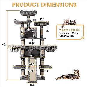 SHA CERLIN 68 Inches Multi-Level Large Cat Tree for Large Cats/Big Cat Tower with Cat Condo/Cozy Plush Cat Perches/Sisal Scratching Posts and Hammocks/Cat Activity Center Play House, Grey