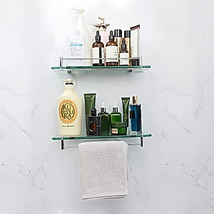 mokhome Bathroom Shelves, Glass Shower Caddy, Rectangle Floating Wall Mounted Shelf,Tempered Clear Glass Shelving with Towel Bar Shampoo Holder,1 Shelf, SUS304 Stainless Steel Brackets,Rustproof