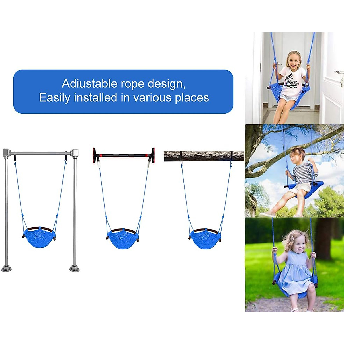 ROPECUBE Kids Swing Seat, Hand-Knitting Toddler Swing, Swing Seat for Kids with Adjustable Ropes, Kids Tree Swing Porch Swing Rope Swing Seat, for Outdoor Indoor, Playground, Backyard(Blue)
