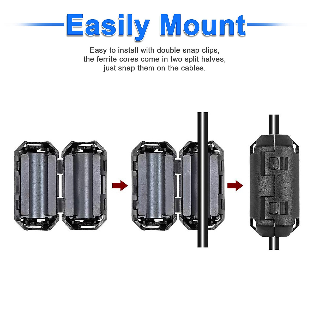 Viaky 12 Packs Rfi Emi Noise Suppressor Cable Clip, 0.5 Inch Inner Diameter Clip-On Filter Ferrite Ring Core for 13mm Wire Home Power Audio Device Coaxial Cables (Black)