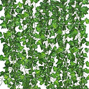 12 Pack Fake Vines for Room Decor Artificial Ivy Garland with Clip Green Flowers Hanging Plants Faux Greenery Leaves Bedroom Aesthetic Decor for Home Garden Wall Wedding