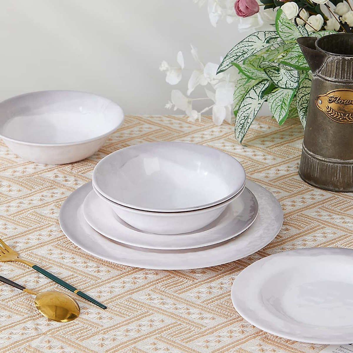 Melamine Dinnerware Sets- 12pcs Melamine Plates and Bowls Set for 4, Suitable for Indoor and Outdoor Use，Grey