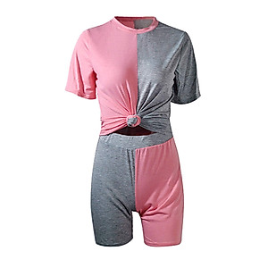 KANSOON Womens 2 Piece Outfits Color Contrast Crew Neck Top and Tight Biker Shorts Summer Set Pinkgrey XL