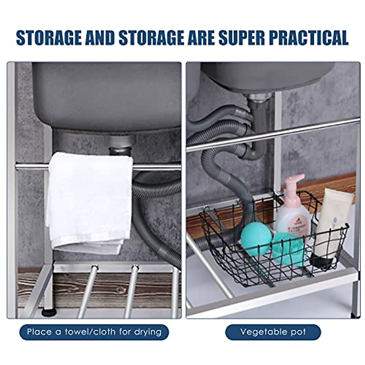 MARQI Free Standing Stainless-Steel Utility Sink Commercial Restaurant Kitchen Sink 2 Bowl Prep & Utility Washing Hand Basin w/Cold Hot Water Pipe Faucet Shelves Indoor Outdoor 31.5" x 17" x 29.5"