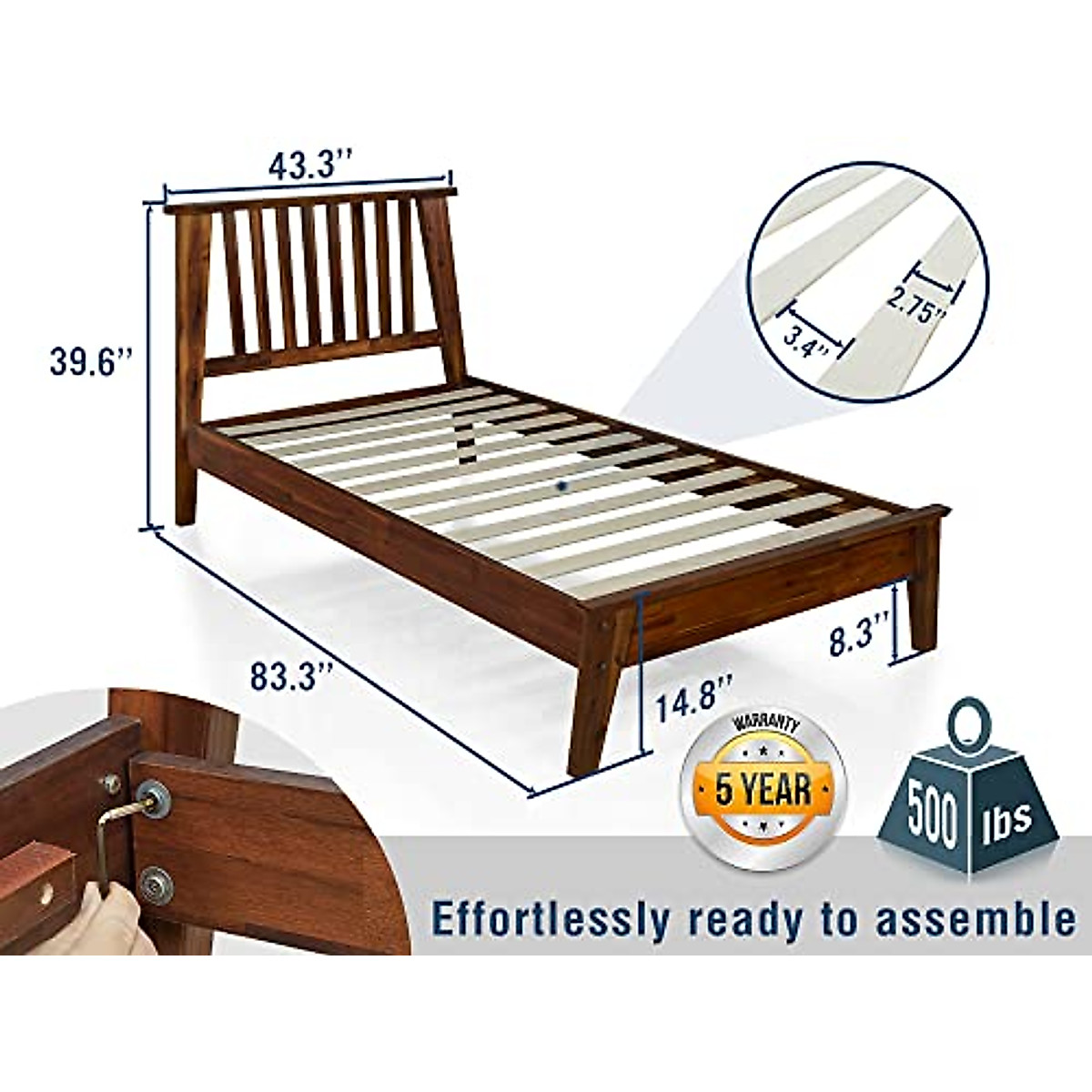 Acacia Kaylin Bed Frame with Headboard Solid Wood Platform Bed, Scandinavian Signature 45 inch High Headboard Wood Bed Compatible with All Mattress Types, 30 Mins Assembly, Twin Bed Frame, Caramel
