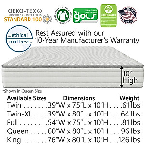 Ethical Mattress CO 10" Toxin-Free Hybrid Mattress, Made in USA with Organic Cotton, Wool, Latex & Pocketed Coils (Mattress-in-a-Box) Comfortable & Supportive for All Ages - Full Size