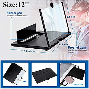12'' 3D Phone Screen Magnifier – HD Magnifier Projector Screen Enlarger for Videos, Movies, Games – Foldable Phone Stand with Screen Amplifier – Supports All Smartphones (Black)