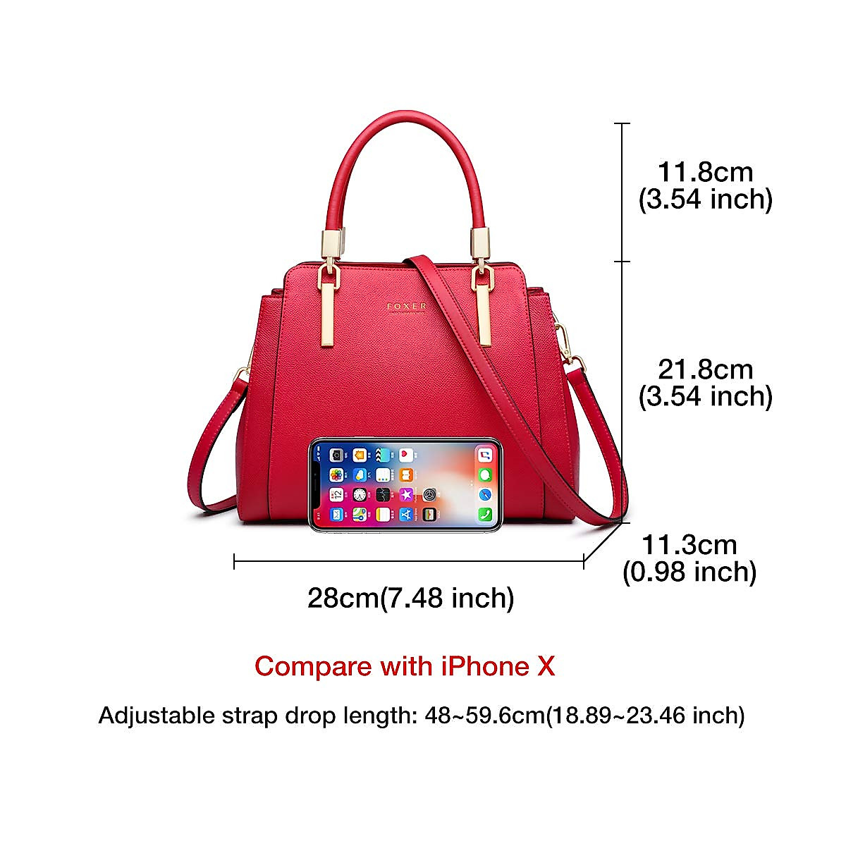 FOXER Leather Satchel Handbags for Women, Cow Leather Medium Size Ladies Top-handle Bags with Adjustable Shoulder Strap Womens Fashion Crossbody Bags Womens Casual Purses and Handbags (Red)