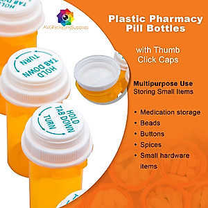 AVG Packaging Supplies Plastic Pharmacy Craft Pill Containers with Thumb Click Caps - Reversible Empty Perscription Bottles Prescription, 16 Dram Vials (12ct)