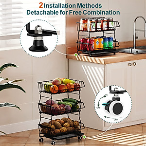 iSPECLE 5 Tier Fruit Basket Stand, Fruit and Vegetable Storage Add Extra Space Large Vegetable Basket Air Cycle Well Made for Kitchen Store Potatoes and Onions with Wheels, Black