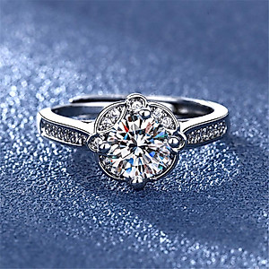 T Brand Platinum Plated Round CZ Solitaire Accent Wedding Promise Ring Flower Design Adjustable Bridal Rings for Women Y1212,Silver