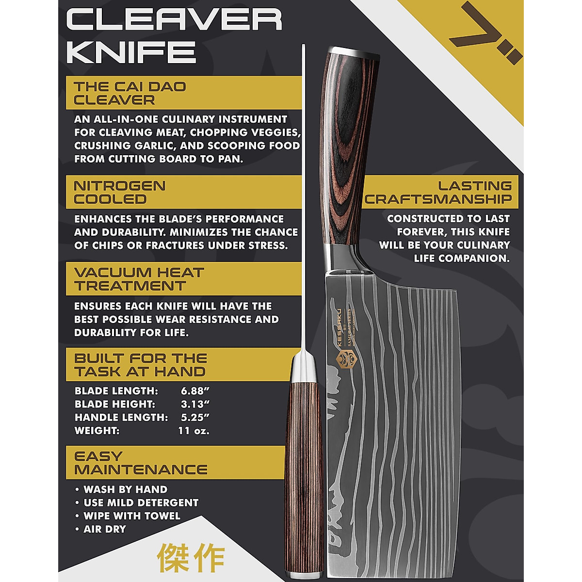 KESSAKU 7-Inch Cleaver Butcher Knife & 6-Inch Boning Knife Set - Dynasty Series - German HC Steel - G10 Full Tang Handle