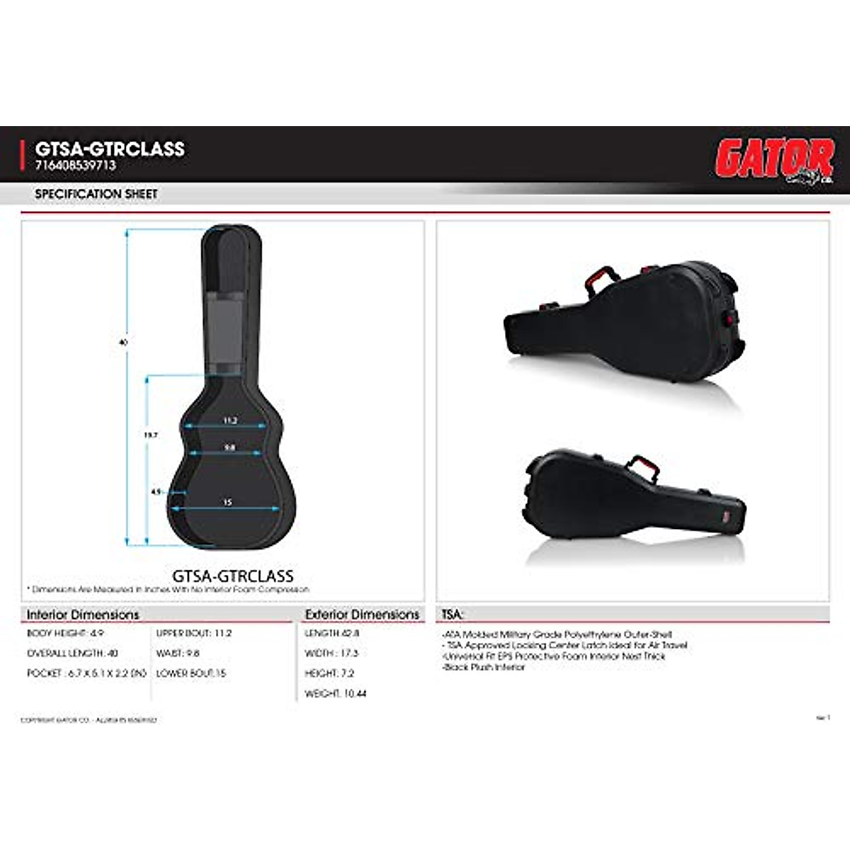 Gator Cases Molded Flight Case for Classical Style Acoustic Guitars with TSA Approved Locking Latch; (GTSA-GTRCLASS)