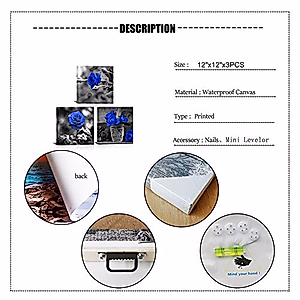 SkenoArt 3 Panels Blue Rose Canvas Wall Art Black and White Flowers Painting Royal Blue Floral Picture Ready to Hang for Bathroom Bedroom Kitchen Wall Decor 12"x16"x3PCS