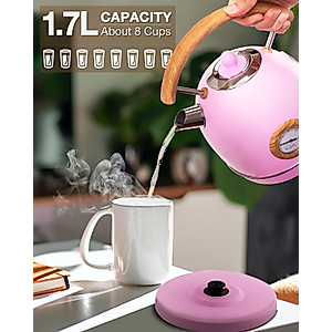 Electric Tea Kettle, 1.7Liter Stainless Steel Tea Kettle Hot Water Boiler with Thermometer, BPA Free, SMOLON 1500W Pour-Over Kettle Teapot with LED Indicator Auto Shut-Off & Boil-Dry Protection, Pink