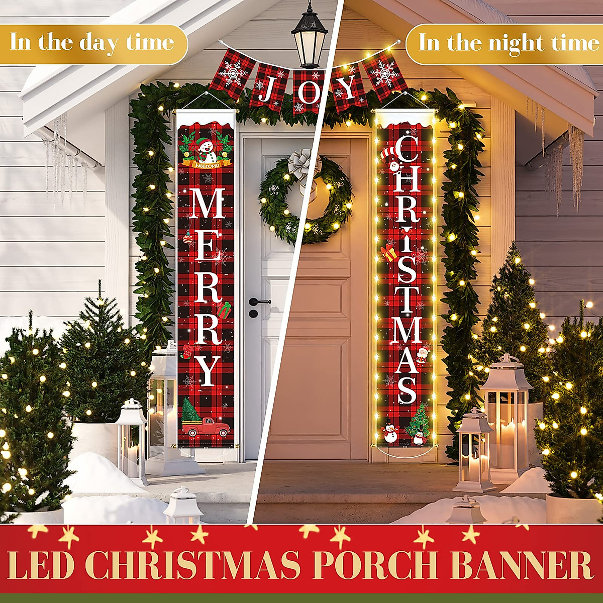 7 Pcs Merry Christmas Banner Lighted Front Porch Sign, Red Black Buffalo Plaid Porch Sign, Joy Merry Christmas Led Lights Door Banner, for Xmas Home Wall Door Yard Hanging Holiday Party Outdoor Decor