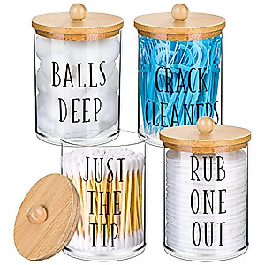 4 Pack Qtip Holder Apothecary Jars with Lids,10 oz Clear Bathroom Organizer Storage for Cotton Ball, Cotton Swab, Cotton Round Pads and Floss, Cotton Ball Holder Bathroom Decor Bathroom Containers