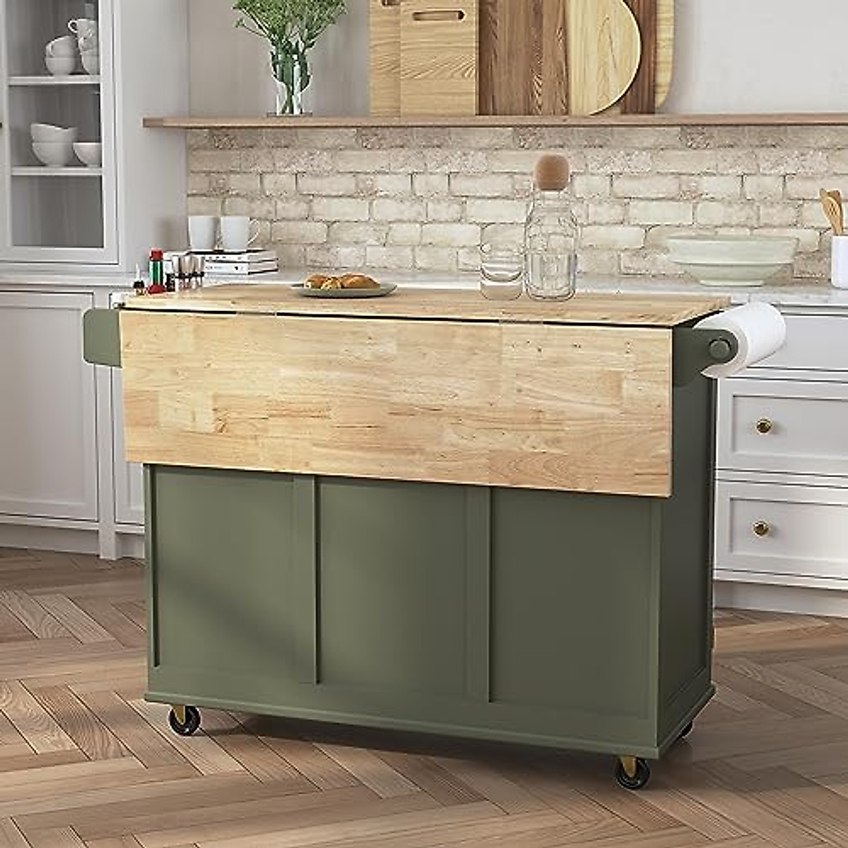 Homestyles Mobile Kitchen Island Cart with Wood Top and Dropleaf Breakfast Bar, 18" D x 53.5" W x 36" H, Green