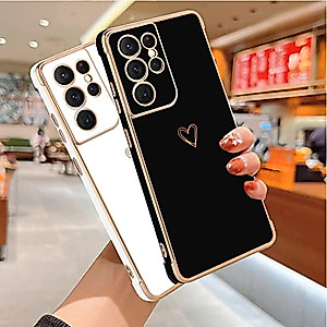 MZELQ Compatible with Samsung Galaxy S21 Ultra 5G Case for Women Cute Luxury Love Heart Pattern Design Full Camera Protection Soft TPU Reinforced Corners Protective Plating Edge Phone Case - Black