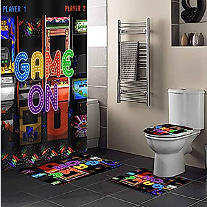 SDDSER Games Shower Curtain Set, 4PCS Play Game Kids Bathroom Shower Curtain Sets with 72 in Video Game Shower Curtain and Bath Mat, Toilet Lid Cover and U Shaped Rug, 12 Hooks, SETLSSD92