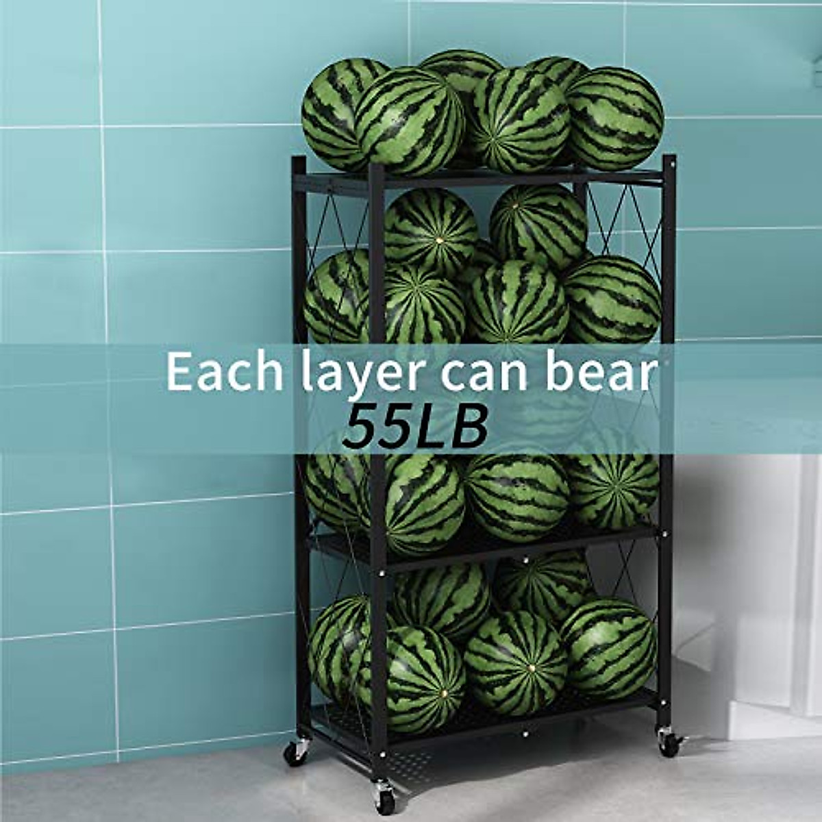 RUIJIAJU 3-Tier Foldable Standing Shelf Units Storage Rack,Metal Heavy Duty Storage Shelf with Wheels