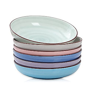 Selamica Porcelain 26 Ounce Salad Pasta Bowls, 8 inch Wide and Shallow Serving bowls, Microwave & Dishwasher Safe, Sturdy & Stackable, Set of 6, Gradient Color