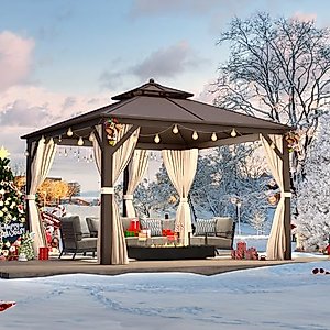 MELLCOM 12'x12' Hardtop Gazebo, Galvanized Steel Metal Double Roof Canopy Curtains and Netting, Outdoor Permanent Canopy Gazebos with Aluminum Frames for Patios, Gardens, Lawns