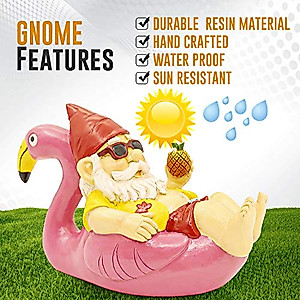 Shefio Garden Decor - Our Garden Gnome Statues are Beautiful Backyard Ideas & Garden Gifts, Perfect Garden Decor for Outside, Lawn Ornament, Yard Décor, Funny Garden Gnomes - Chilling on Flamingo