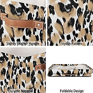 Leopard Print Storage Basket Bins, Animal Tiger Skin Large Foldable Storage Baskets Fabric Organizer Storage Cubes Box with Handles Collapsible Basket for Shelf Closet Nursery Home Office