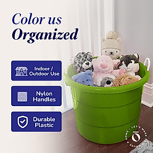 HOMZ 17-Gallon Indoor Outdoor Storage Bucket w/Rope Handles for Sports Equipment, Party Cooler, Gardening, Toys and Laundry, Bold Lime Green (4 Pack)