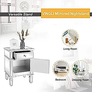 VINGLI Nightstands Set of 2 Mirrored Side Tables Glass End Table with Drawer for Bedroom, Silver