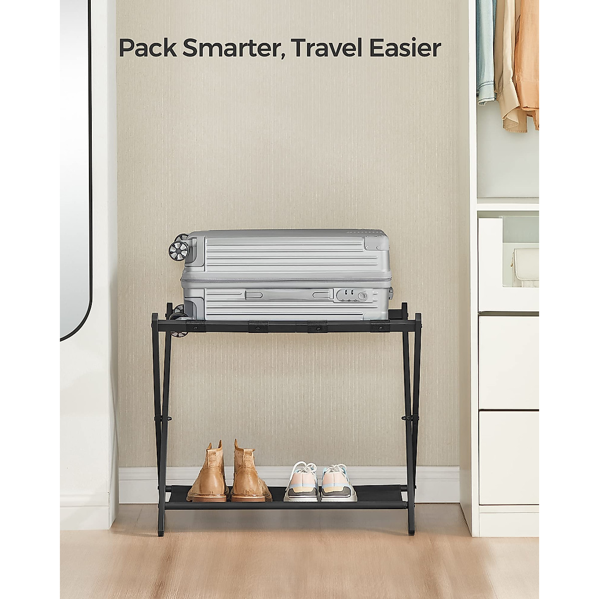 SONGMICS Luggage Racks for Guest Room, Set of 2, Suitcase Stand with Storage Shelf, Steel Frame, Foldable for Easy Storage, Hotel, Bedroom, Black URLR003B02