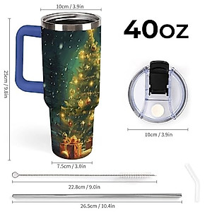 LLUTSNTH 40 Oz Vacuum Tumbler with Deep Blue Handle Leakproof Insulated Tumbler Christmas Trees Stainless Steel Travel Mug with Lid And Straw Coffee Cup Cute Water Bottles Cup Holder Friendly