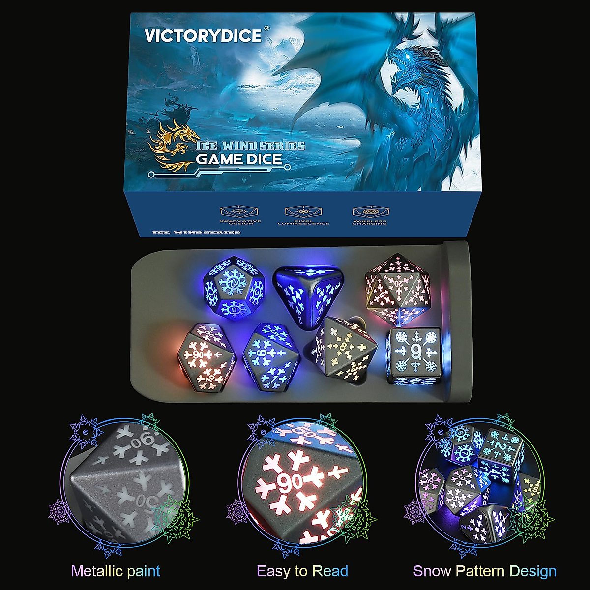 EXCECAR Wireless Charging DND Dice Set, Light Up Dice, Rechargable LED Dice, 7pcs Polyhedral Dice Set for RPG Role Playing Table Game