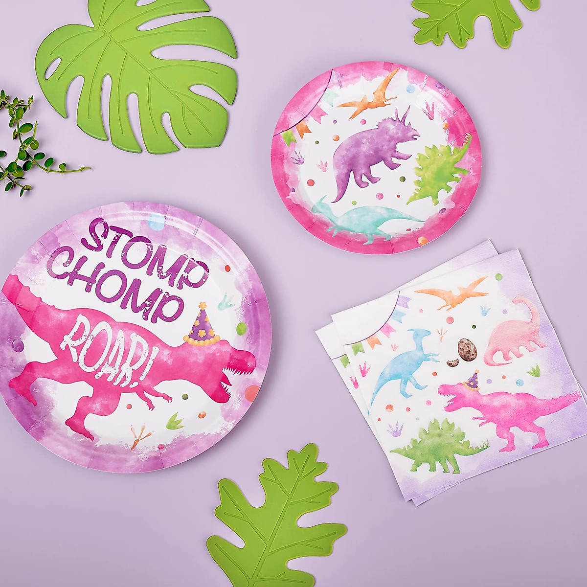 WERNNSAI Pink Dinosaur Party Supplies - 48 PCS Dinosaur Paper Plates Napkins Dino Dinner Plates and Napkins Girls Birthday Party Tableware for Kids Birthday Baby Shower Decorations Serves 16 Guests