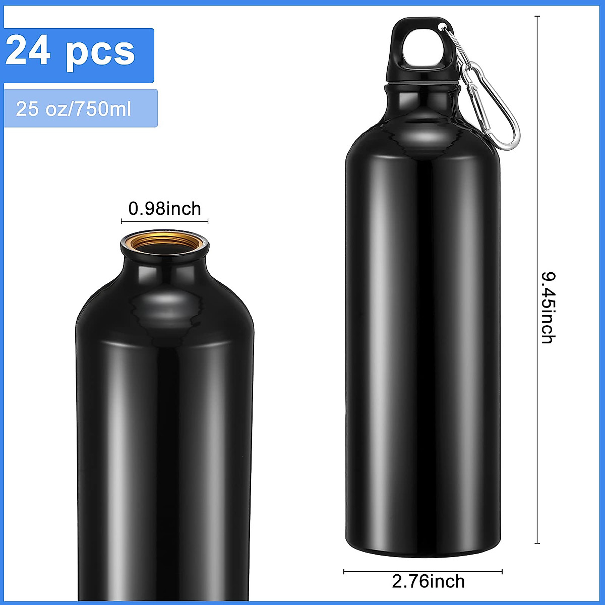 24 Pack Aluminum Water Bottles Bulk 25 oz Black Metal Sport Water Bottles with Carabiner and Twist Cap Reusable Lightweight Leak Proof Sport Bottles Team Pack for Camping Travelling Cycling Climbing