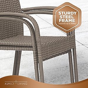 Aspect Living 65254 Morgan Outdoor Wicker Stacking Hand Woven All Weather Steel Powder Coated Frame Lightweight Indoor Outdoor Porch Backyard Garden Balcony - Set of 2 - Weathered Gray