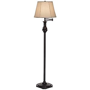 Regency Hill Traditional Adjustable Swing Arm Floor Lamp 58" Tall Painted Restoration Black Bronze Swirl Font Faux Silk Beige Drum Shade for Living Room Reading House Bedroom Family Home