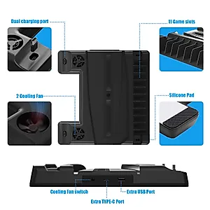 ECHZOVE PS5 Stand with Controller Charger and Cooling Fan, PS5 Digital/Disc Version Stand, PS5 Controller Charger with USB C Cable, PS5 Cooling Stand - White