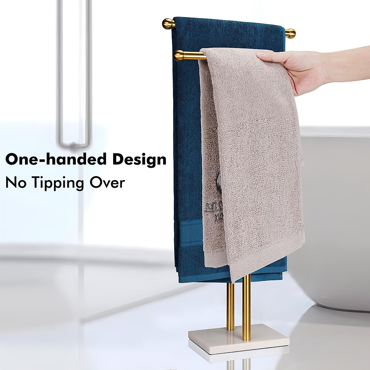 WAYDELI Standing Towel Rack Double-T Shape Tall Bath Towel Sheet Holder with Marble Design Base for Bathroom 2 Tier Towel Holder Stand Stainless Steel (Brushed Gold)